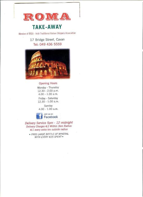 Menu at Roma Takeaway pizzeria, Cavan