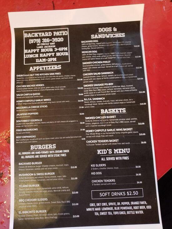 Menu at Backyard Patio pub & bar, Lake Jackson