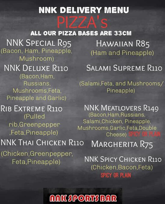 Menu at NNK sportsbar, Cape Town