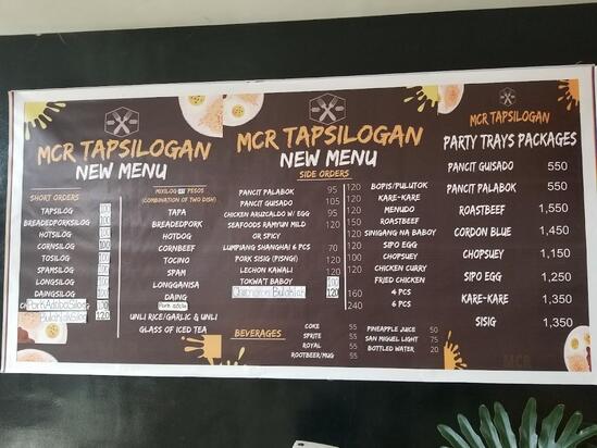 Menu at MCR Tapsilogan restaurant, San Fernando