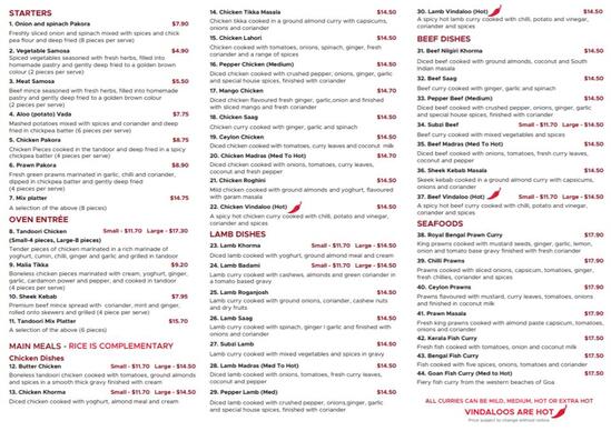 Menu at Royal Bengal Indian Restaurant, Blackstone