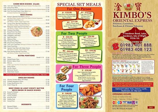 Menu at Kimbo's Chinese Takeaway fast food, Sandown