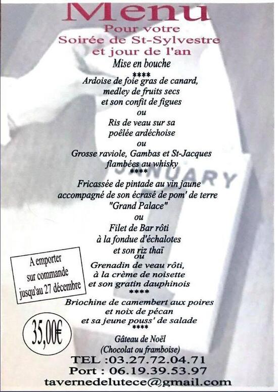 Menu au La Taverne de Lutèce restaurant, Cambrai