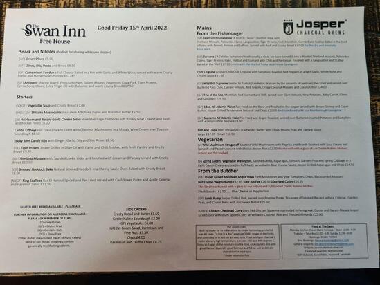 Menu at The Swan Inn pub & bar, Whaley Bridge