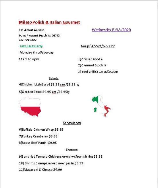 Mileto Polish-Italian Gourmet, Point Pleasant Beach - Restaurant menu ...