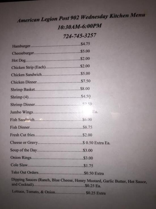 Menu at American Legion Post 902, Houston