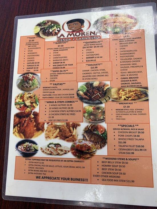Menu at Carniceria La Morena fast food, McDonough