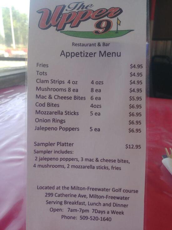 Menu at The Upper 9 pub & bar, Milton-Freewater