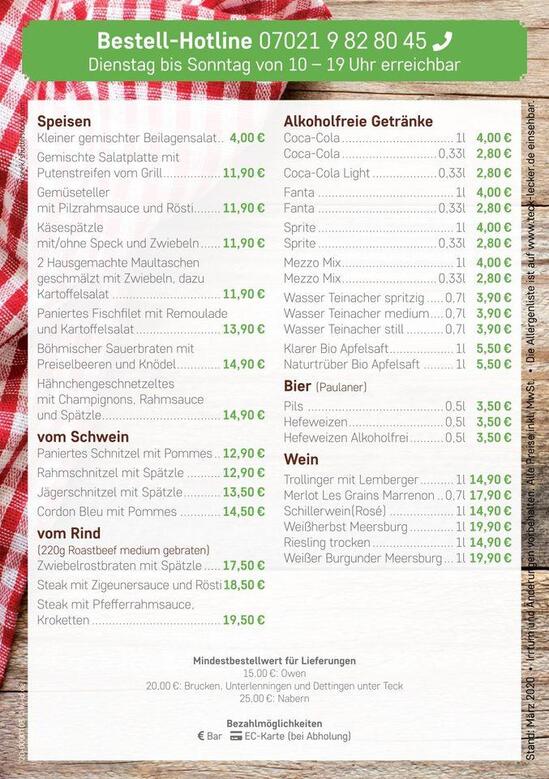 Menu at Schwabenstüble restaurant, Owen