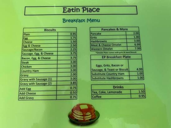 Menu at The Eatin' Place restaurant, Iva