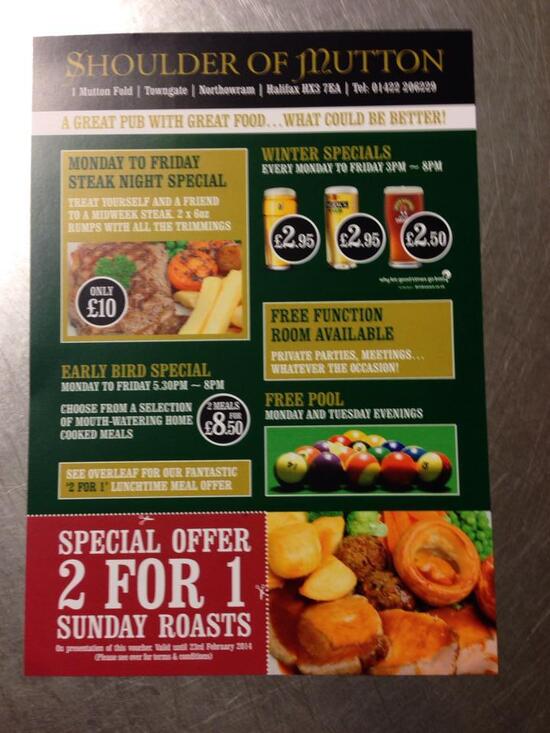 Menu at Shoulder Of Mutton pub & bar, Halifax, 1-3 Mutton Fold