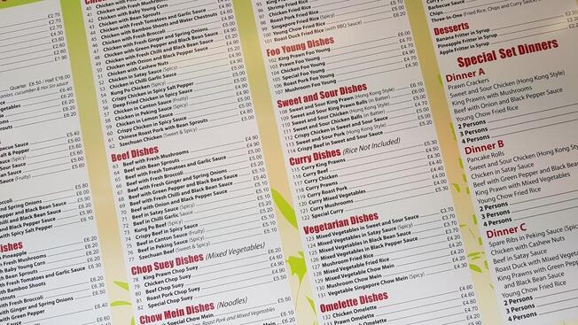 Menu at Alan's Cantonese Takeaway fast food, Paignton