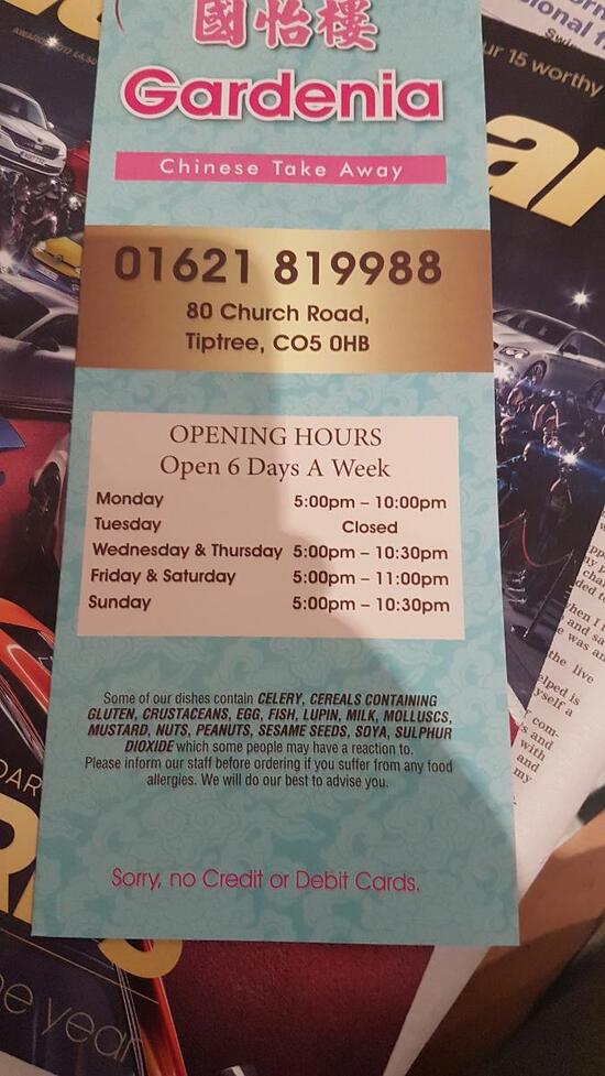 Menu at Gardenia fast food, Tiptree