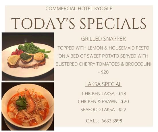 Carta del pub y bar Commercial Hotel, Kyogle
