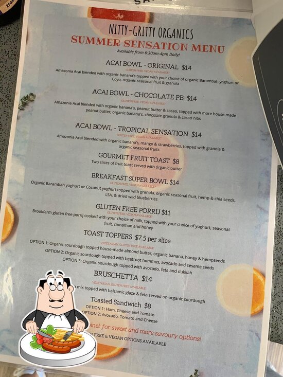 Menu at Nitty Gritty Organics cafe, Corinda