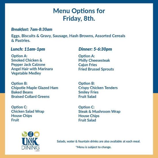 Menu at UNK Dining Services restaurant, Kearney