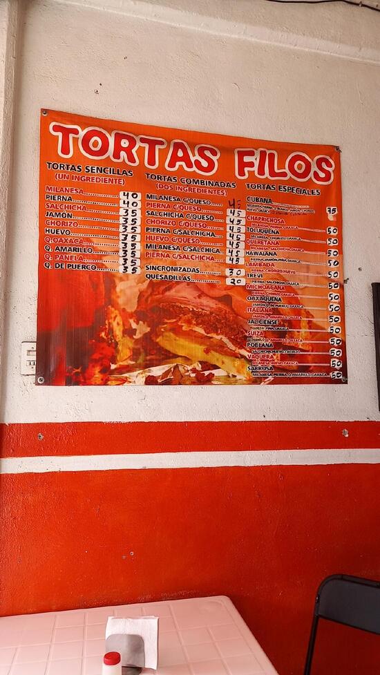 Menu at Tortas Filos restaurant, Venceremos