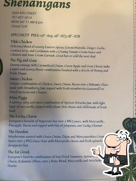 Menu at Shenanigans pizzeria, Eureka