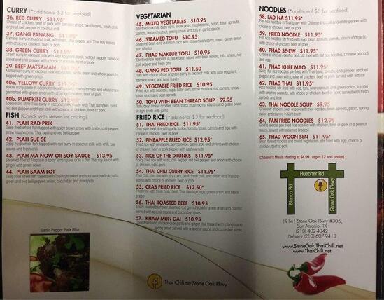 Menu at Thai Chili restaurant, San Antonio, Stone Oak Pkwy