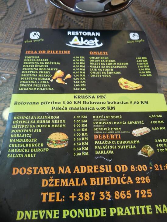 Menu at Restoran Aket restaurant, Sarajevo, Džemala Bijedića br. 226