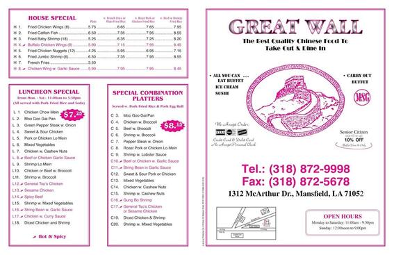 Menu at Great Wall Buffet restaurant, Mansfield