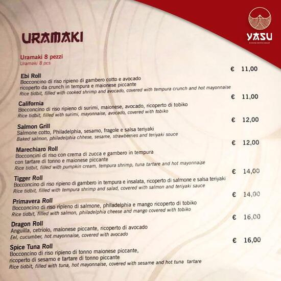 Menu da Yasu Fusion Restaurant, Lago Patria