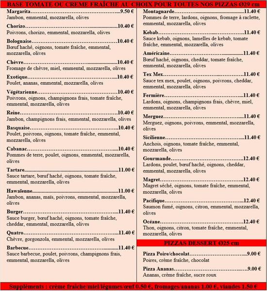 Menu au PIZZ'A CABANAC pizzeria, Cabanac-et-Villagrains