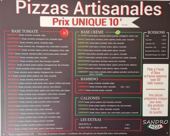 Menu au Sandro Pizza restaurant, Loyettes
