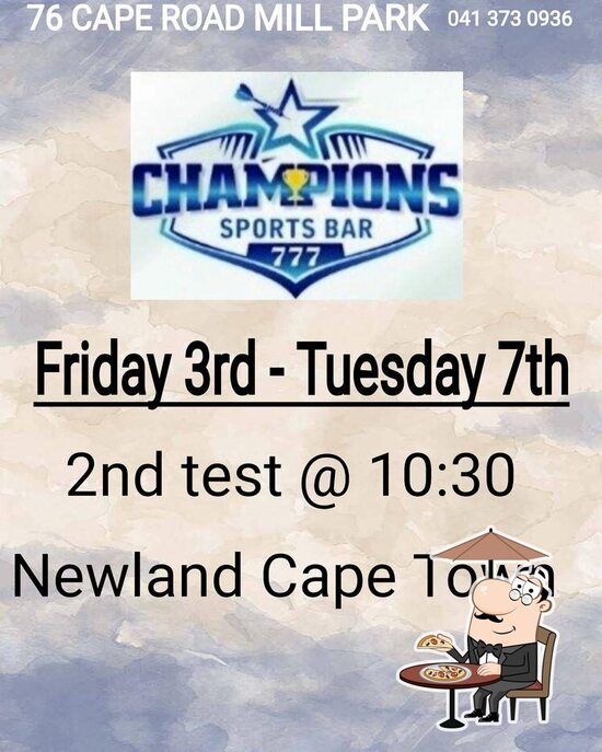 Menu at Champions Sports Bar, Port Elizabeth