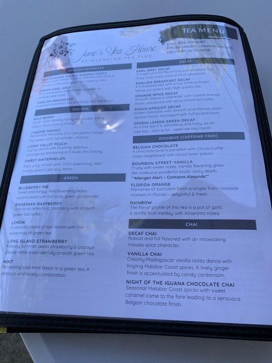 Menu at Jane's Tea House cafe, Haddon Heights