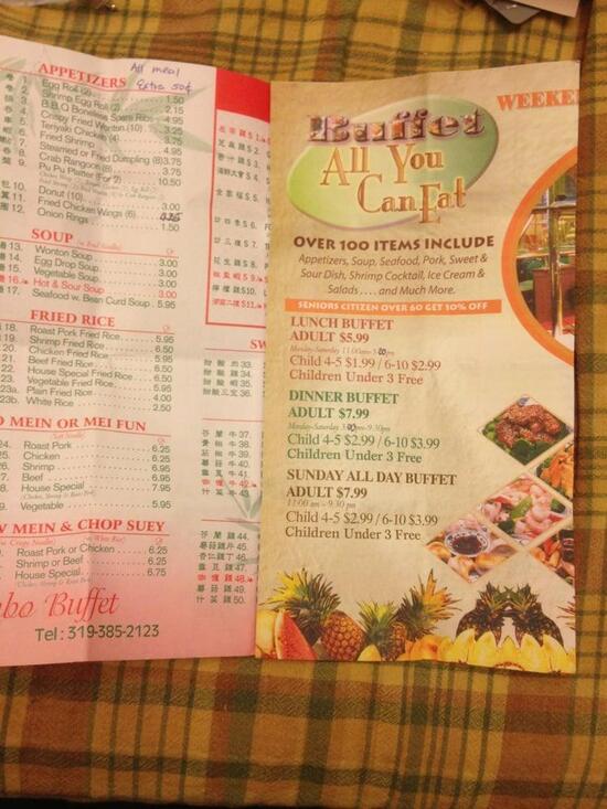 Menu at Jumbo Buffet restaurant, Mount Pleasant