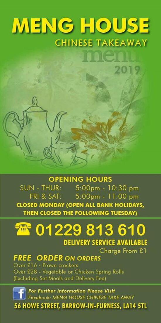 Menu at Meng House Chinese Takeaway restaurant, Barrow-in-Furness