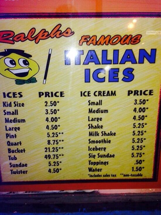 Carta de Ralph's Italian Ices, Huntington, 362 New York Ave