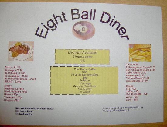 Menu at Eight Ball Diner, Wolverhampton
