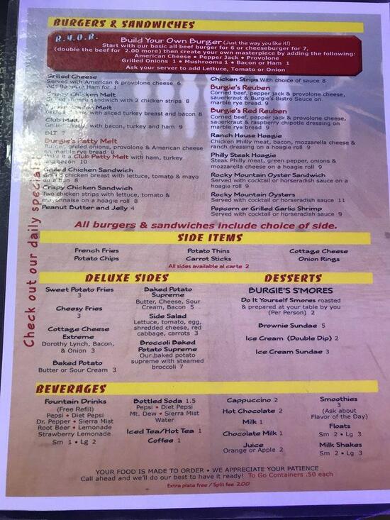 Menu at Burgie's Bowling restaurant, Chappell