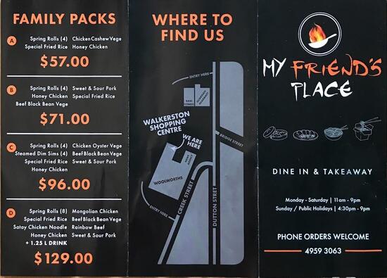 Menu at My Friend’s Place restaurant, Walkerston