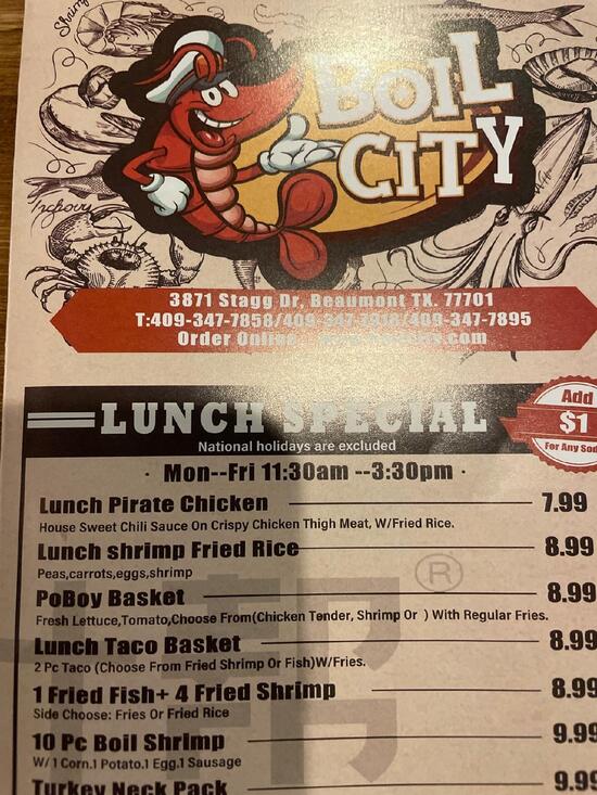 Menu at Boil City restaurant, Beaumont