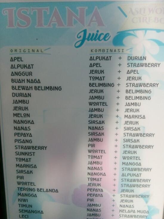 Menu at Istana Juice cafe, Cirebon, Jl. Kesambi