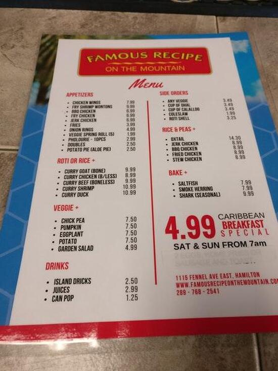 Menu at Famous Recipe on the Mountain restaurant, Hamilton