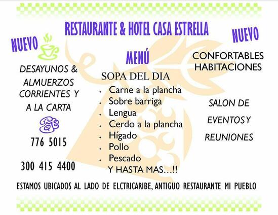 Menu at Hotel Casa Estrella restaurant, Planeta Rica