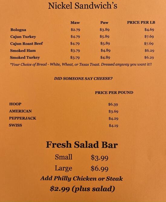 Menu at Tin Nickel & Catering restaurant, Pontotoc
