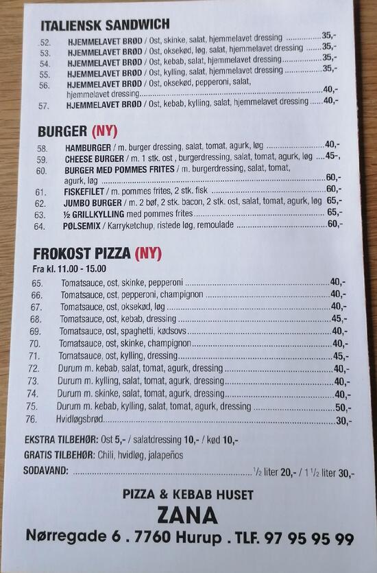 Menu at Pizzeria Zana, Hurup