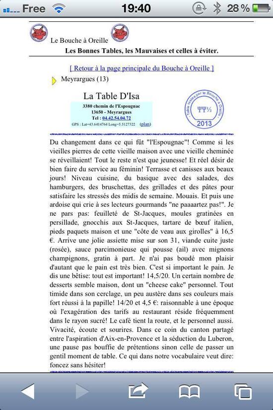 Menu at La Table D'Isa restaurant, Meyrargues, chemin de l'Espougnac