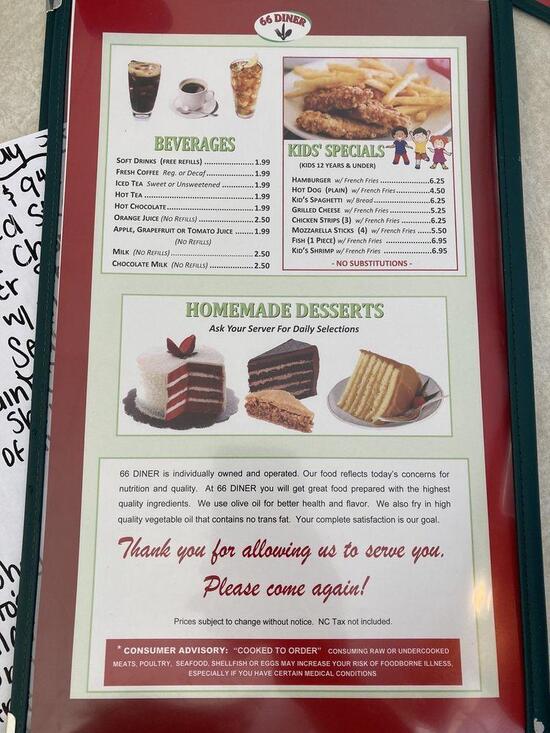 Menu at 66 Diner restaurant, Winston-Salem