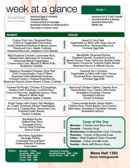 Menu at USMC Mess Hall 1365 cafeteria, Camp Pendleton North