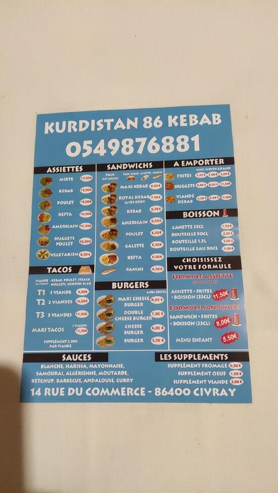 Menu au Kurdistan Kebab restaurant, Civray