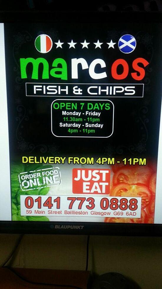 Menu at Marco's Fish and Chips restaurant, Glasgow