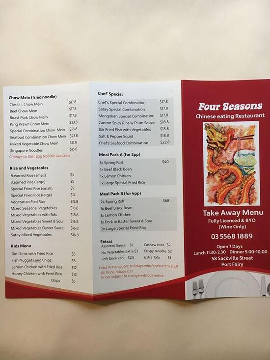 Menu at Four Seasons Chinese restaurant, Port Fairy