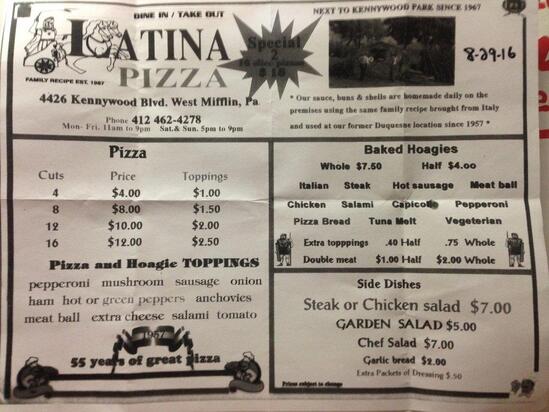 Menu at Latina Pizza pizzeria, West Mifflin