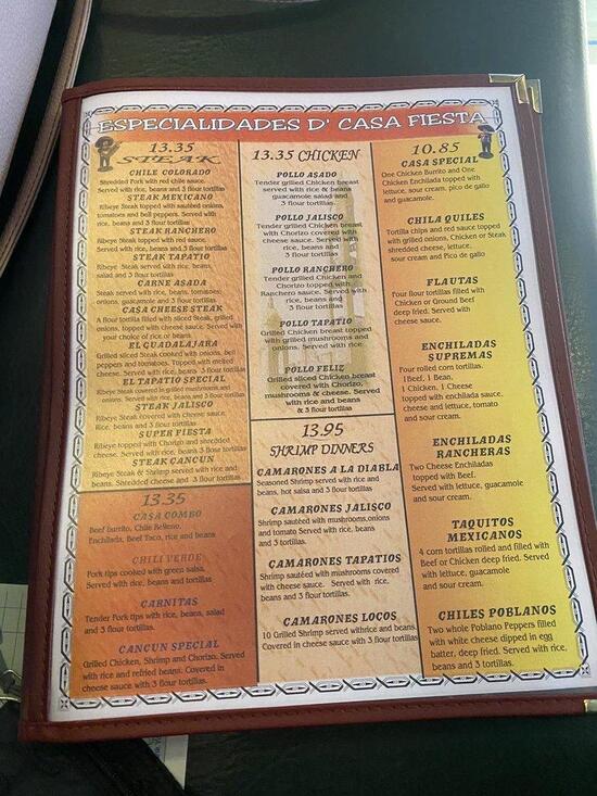 Menu at Casa Mexico restaurant, Burlington